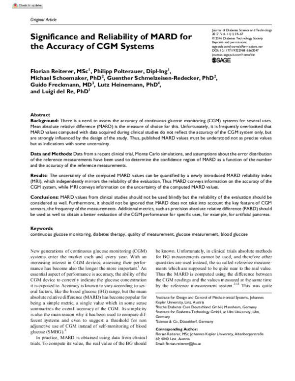 (PDF) Significance and Reliability of MARD for the Accuracy of CGM Systems