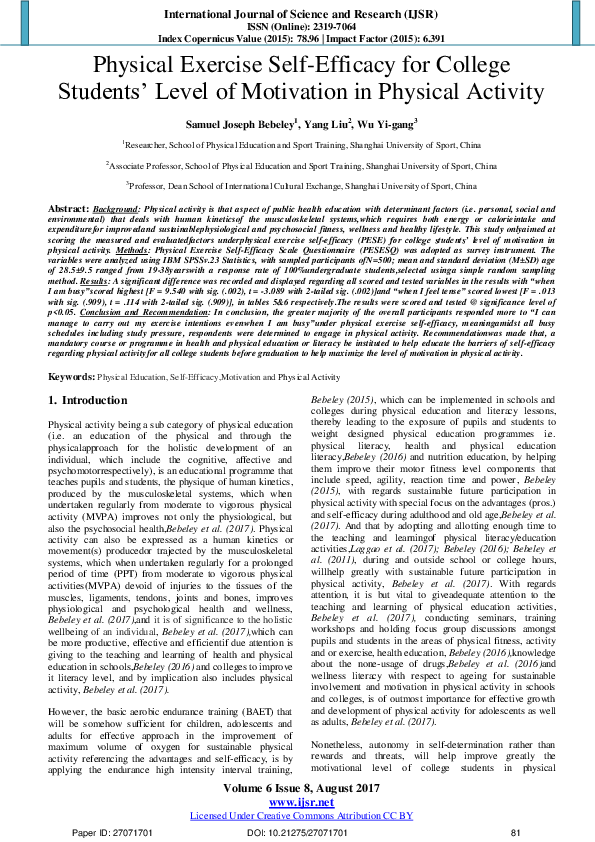 (PDF) Physical Exercise Self-Efficacy for College Students’ Level of Motivation in Physical Activity