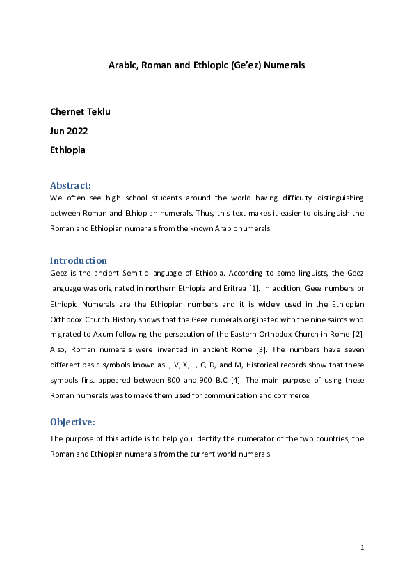 (PDF) Arabic, Roman and Ethiopic (Ge'ez) Numerals