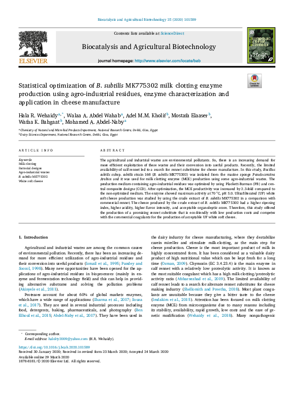(PDF) Statistical optimization of B. subtilis MK775302 milk clotting enzyme production using ...