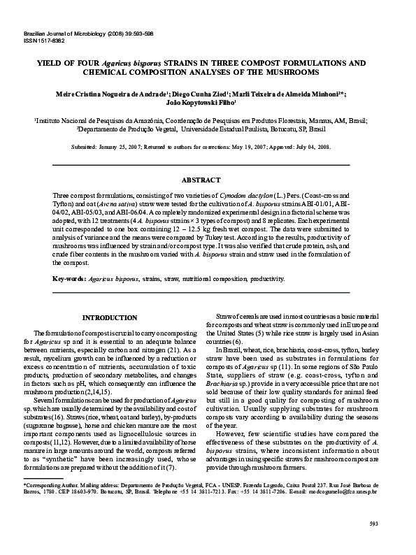 (PDF) Yield of four Agaricus bisporus strains in three compost formulations and chemical ...