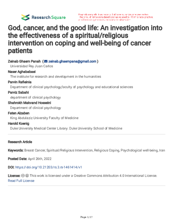 (PDF) God, cancer, and the good life: An investigation into the ...