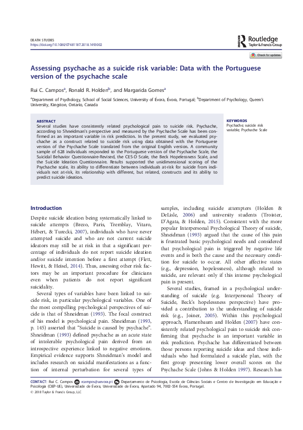 (PDF) Assessing psychache as a suicide risk variable: Data with the ...