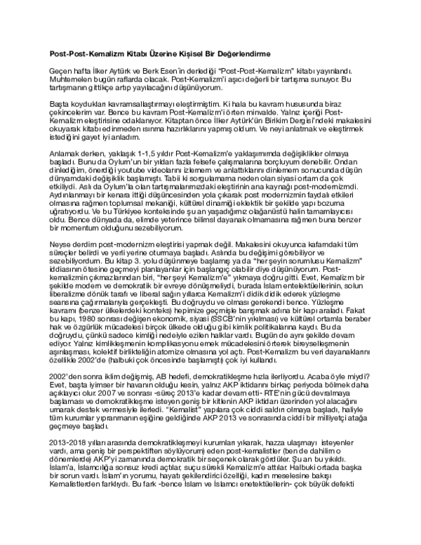(PDF) Post-Post-Kemalizm Kitabı Üzerine Kişisel Bir Değerlendirme | Efe Beşler - Academia.edu