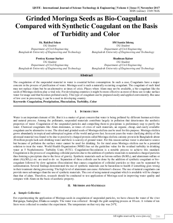 (PDF) Grinded Moringa Seeds as Bio-Coagulant Compared with Synthetic Coagulant on the Basis of ...