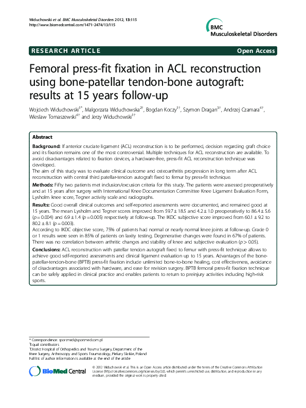 (PDF) Femoral press-fit fixation in ACL reconstruction using bone-patellar tendon-bone autograft ...