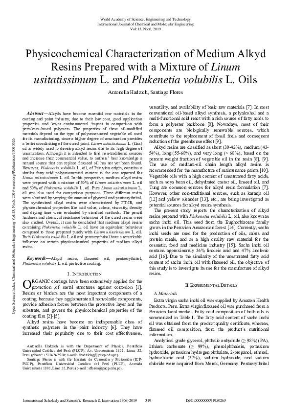 (PDF) Physicochemical Characterization of Medium Alkyd Resins Prepared with a Mixture of Linum ...