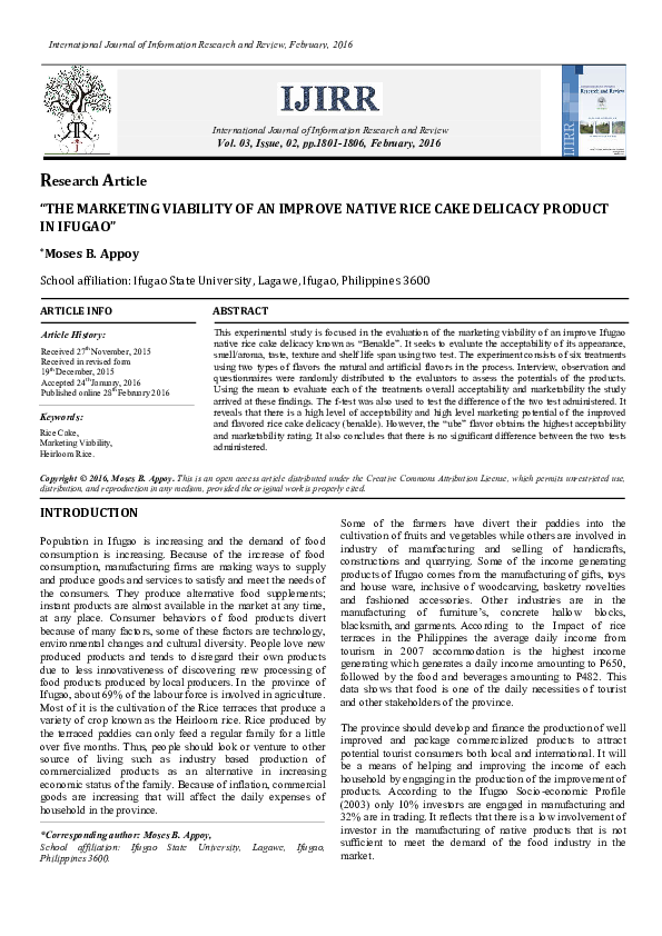 (PDF) The Marketing Viability of an Improve Native Rice Cake Delicacy ...