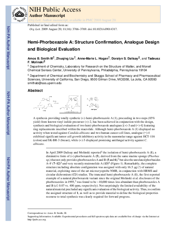 (PDF) Hemi-Phorboxazole A: Structure Confirmation, Analogue Design and Biological Evaluation