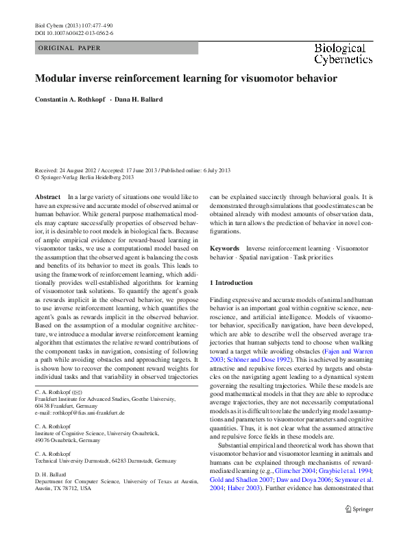 (PDF) Modular inverse reinforcement learning for visuomotor behavior