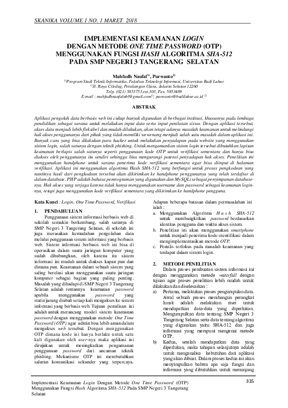 (PDF) Implementasi Keamanan Login Dengan Metode One Time Password (Otp) Menggunakan Fungsi Hash ...