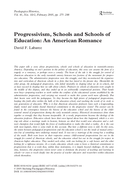 (PDF) Progressivism, Schools, and Schools of Education | David Labaree ...