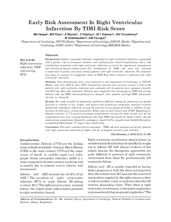 (PDF) Early Risk Assessment In Right Ventricular Infarction By TIMI ...