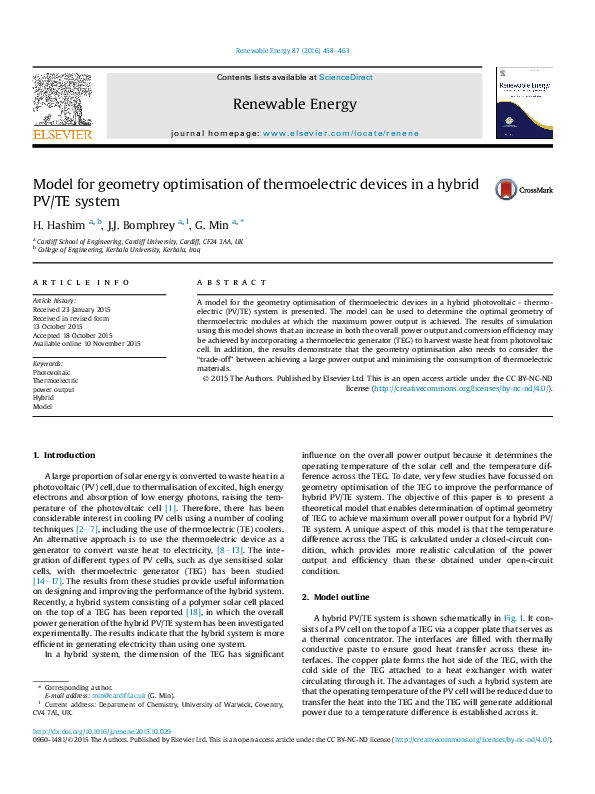 (PDF) Model for geometry optimisation of thermoelectric devices in a ...