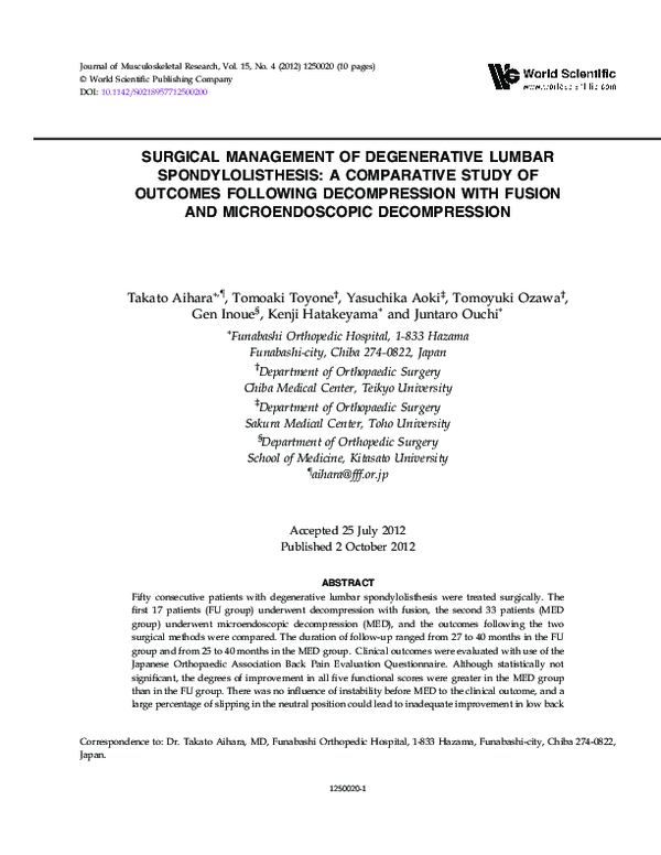 Surgical Management of Degenerative Lumbar Spondylolisthesis: A Comparative Study of Outcomes ...