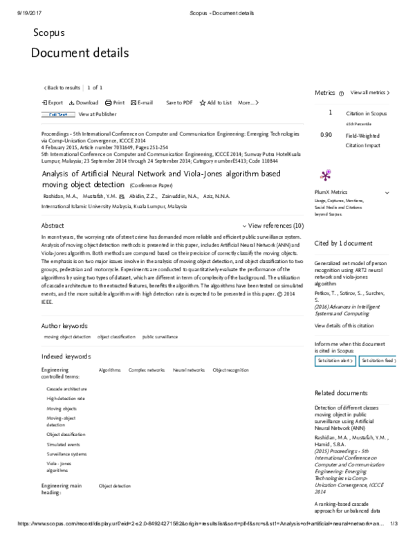 Pdf Analysis Of Artificial Neural Network And Viola Jones Algorithm Based Moving Object Detection