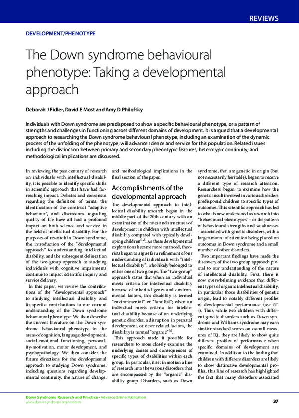 (PDF) The Down syndrome behavioural phenotype: Taking a developmental ...