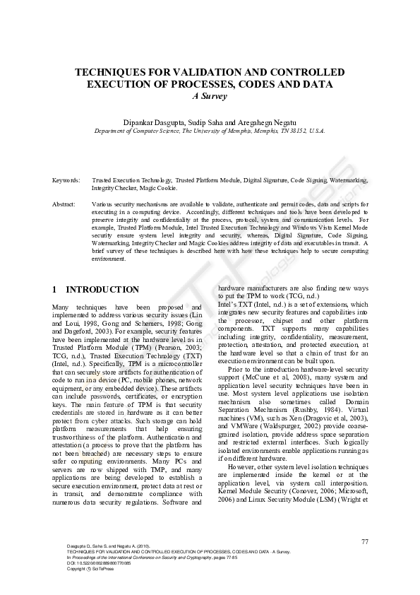 (PDF) TECHNIQUES FOR VALIDATION AND CONTROLLED EXECUTION OF PROCESSES, CODES AND DATA - A Survey