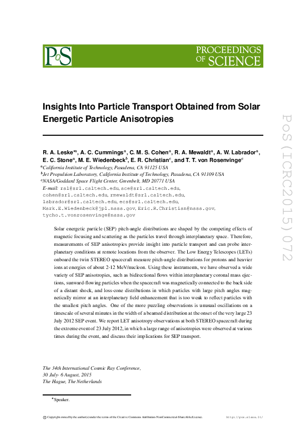 (PDF) Insights Into Particle Transport Obtained from Solar Energetic ...