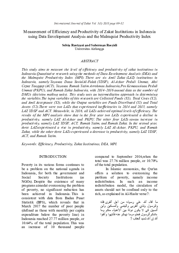 (PDF) Measurement of Efficiency and Productivity of Zakat Institutions in Indonesia using Data ...