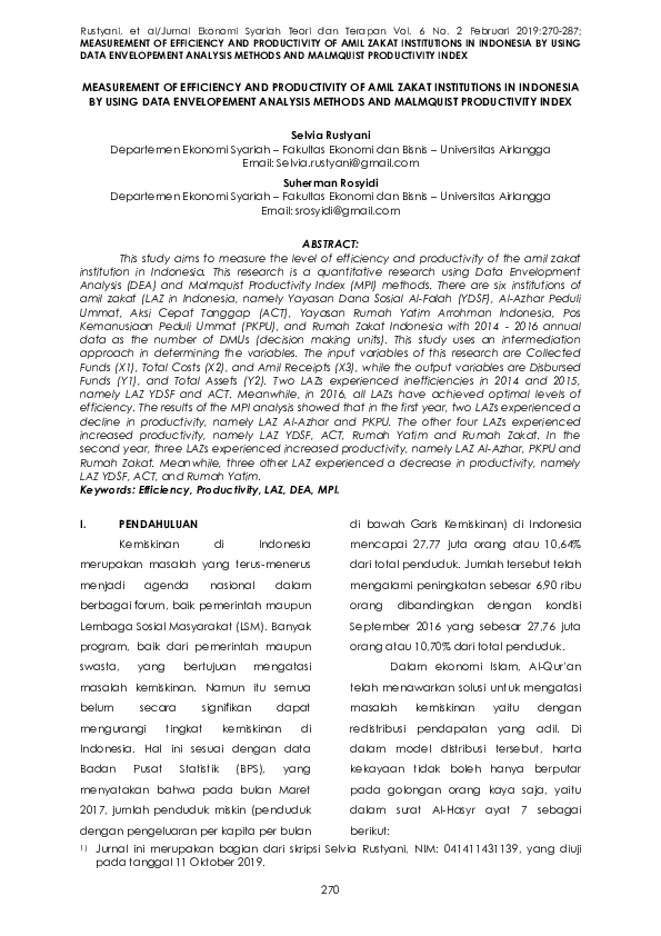 (PDF) Measurement of Efficiency and Productivity of Amil Zakat Institutions in Indonesia by ...