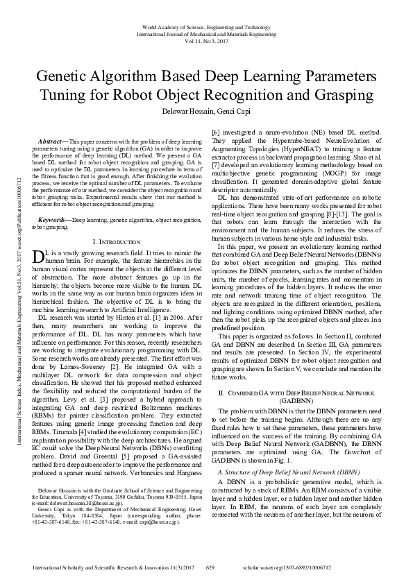 Pdf Genetic Algorithm Based Deep Learning Parameters Tuning For Robot Object Recognition And