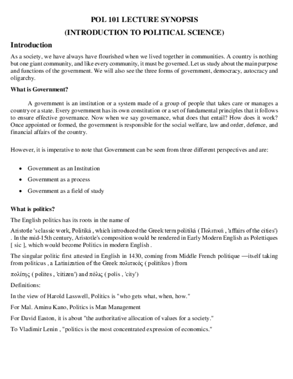 (PDF) POL 101 LECTURE SYNOPSIS-