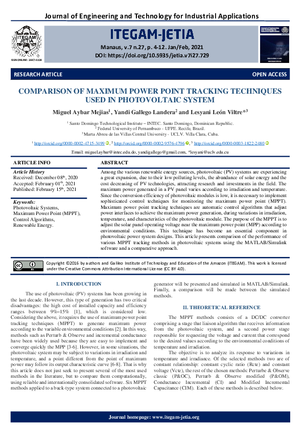 (PDF) Comparison of maximum power point tracking techniques used in photovoltaic system