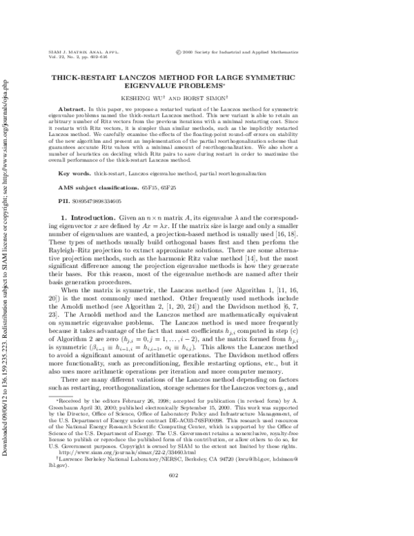 Pdf Thick Restart Lanczos Method For Large Symmetric Eigenvalue Problems 2975