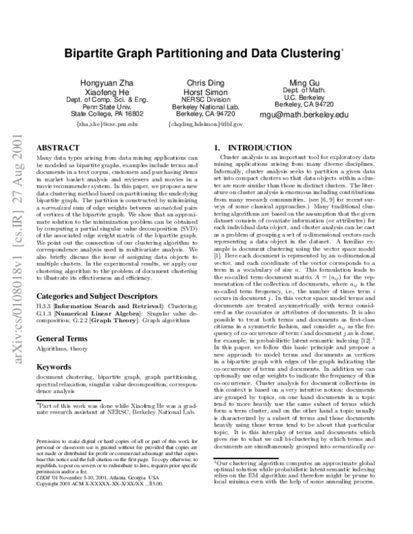 Pdf Bipartite Graph Partitioning And Data Clustering Horst Simon