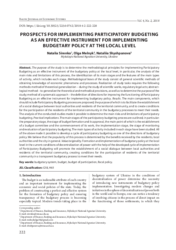 (PDF) Prospects for Implementing Participatory Budgeting as an ...