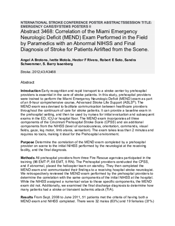 (PDF) Abstract 3468: Correlation of the Miami Emergency Neurologic ...