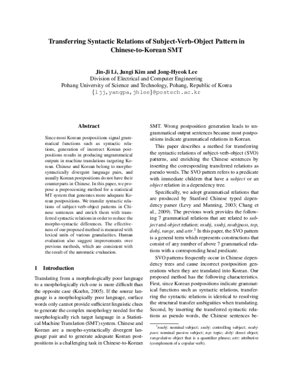 (PDF) Transferring Syntactic Relations of Subject-Verb-Object Pattern in Chinese-to-Korean SMT