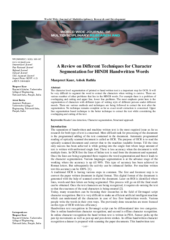 Pdf A Review On Different Techniques For Character Segmentation For Hindi Handwritten Words