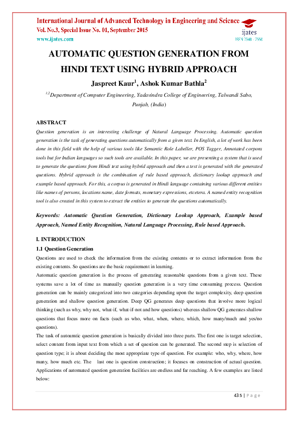 (PDF) Automatic Question Generation from Hindi Text Using Hybrid Approach