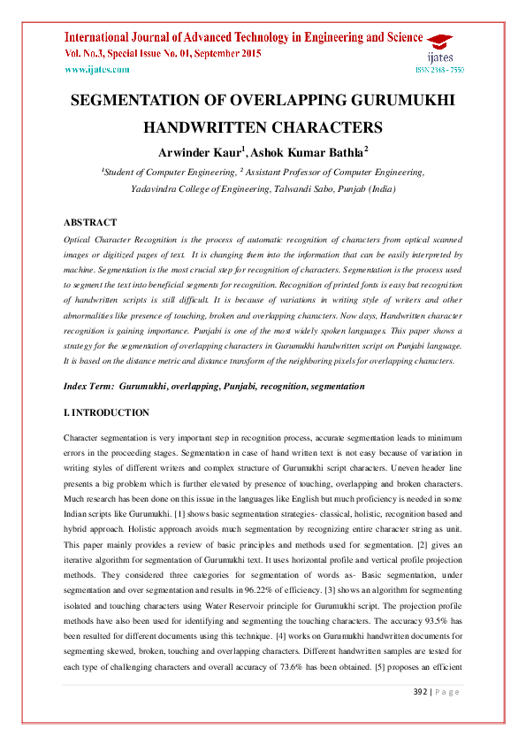 (PDF) Segmentation of Overlapping Gurumukhi Handwritten Characters