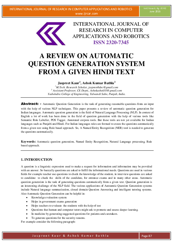 (PDF) A Review on Automatic Question Generation System from a Given ...