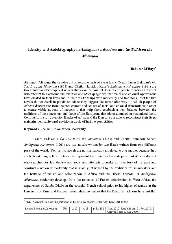 (PDF) Identity and Autobiography in Ambiguous Adventure and Go Tell It ...