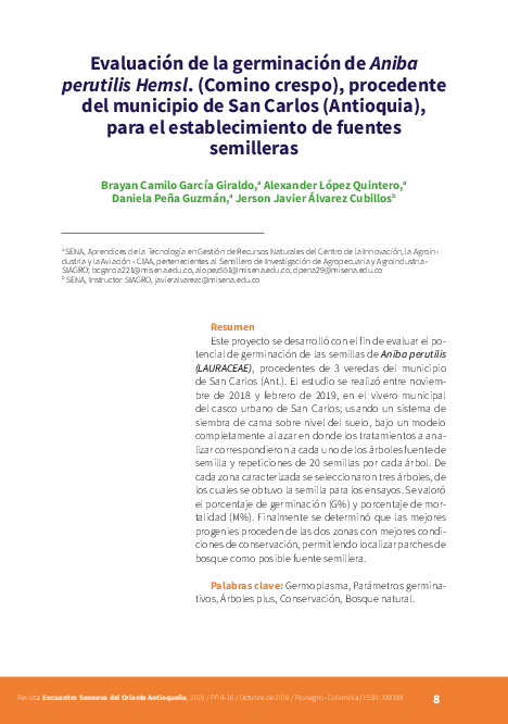(PDF) Evaluación de la germinación de Aniba perutilis Hemsl. (Comino ...