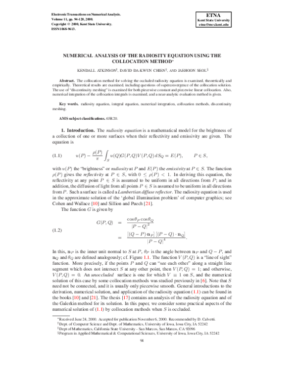 Pdf Numerical Analysis Of The Radiosity Equation Using The Collocation Method
