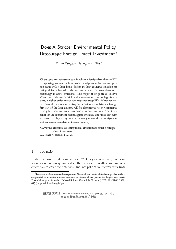 (PDF) Does a Stricter Environmental Policy Discourage Foreign Direct ...
