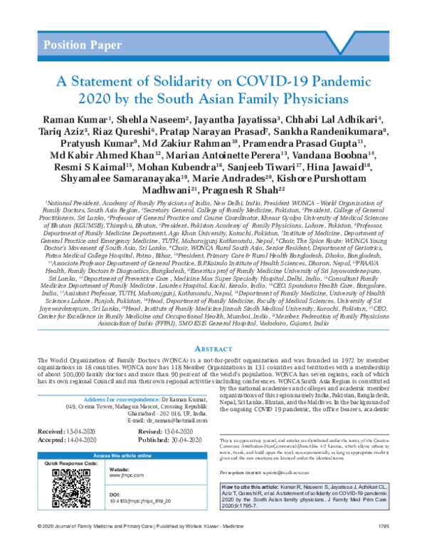 (PDF) WONCA South Asia's COVID-19 Solidarity Statement