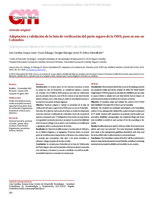 (PDF) Adaptation and validation for Colombia of the WHO safe childbirth ...
