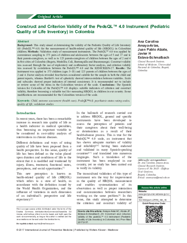 (PDF) Construct and criterion validity of the pedsQL™ 4.0 instrument ...