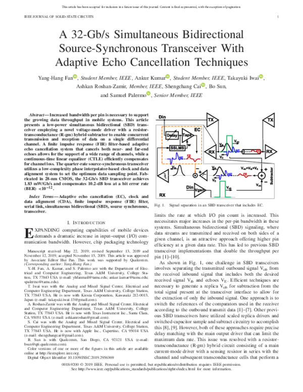 Pdf A 32 Gbs Simultaneous Bidirectional Source Synchronous Transceiver With Adaptive Echo