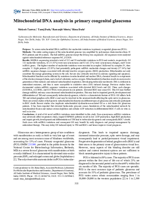 (PDF) Mitochondrial DNA analysis in primary congenital glaucoma
