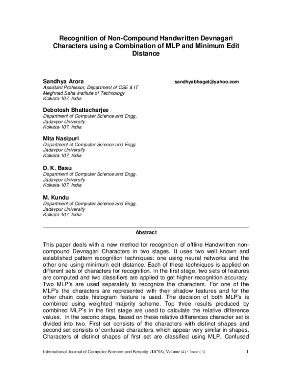 Pdf Recognition Of Non Compound Handwritten Devnagari Characters Using A Combination Of Mlp