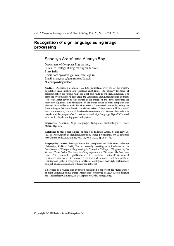 Pdf Recognition Of Sign Language Using Image Processing Sandhya Arora