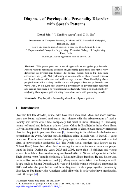 (PDF) Diagnosis of Psychopathic Personality Disorder with Speech Patterns