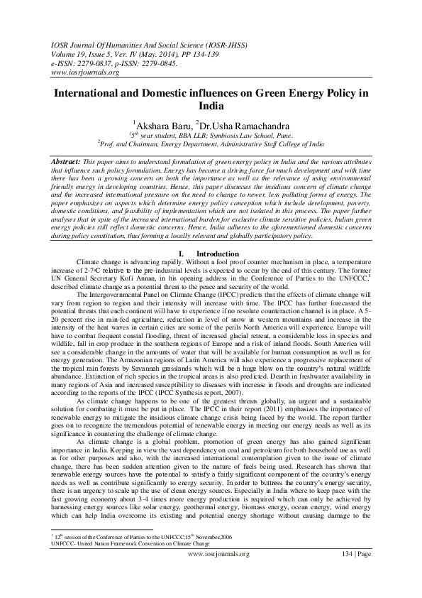 (PDF) International and Domestic influences on Green Energy Policy in India